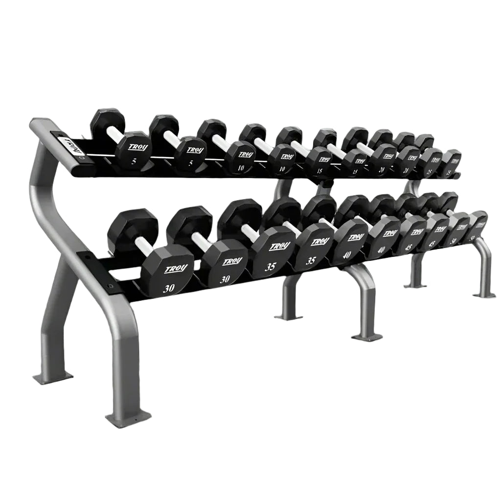 TROY 12-Sided Urethane Encased Dumbbell Set with Storage Rack (5-50lbs ...
