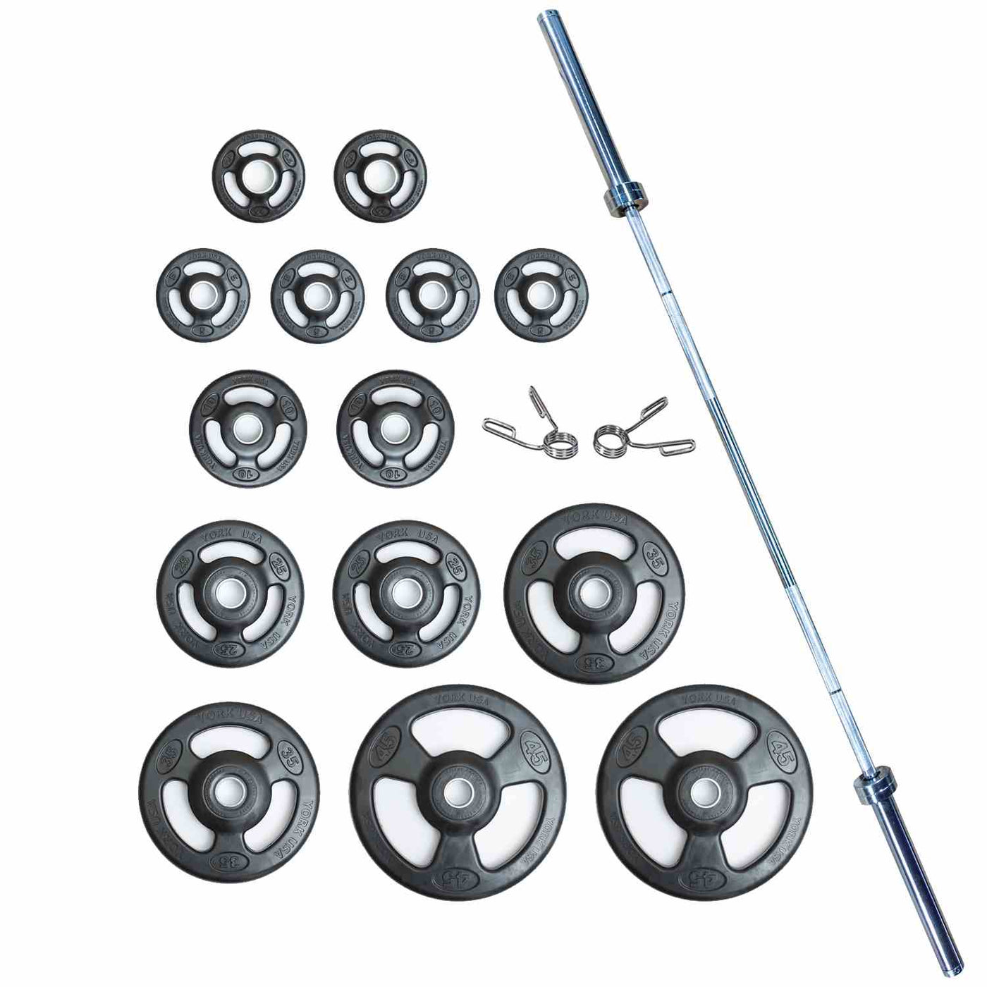 York Barbell Rubber ISO-GRIP 300lb Olympic Plate & Barbell Set — GymsHQ